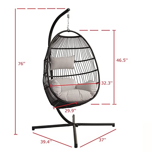 PRIVATE GARDEN Large Hanging Egg Chair with Stand Outdoor Patio Folding Egg Chair Indoor Swing Egg Chair with Light Grey Waterproof Cushion Heavy Duty C-Stand 330LBS Capacity