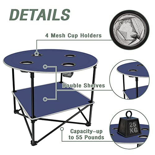 LESES Portable Picnic Table with Shelf Beach Table Outdoor Folding Camping Tables That Fold Up Lightweight with Cup Holders with Storage Bag
