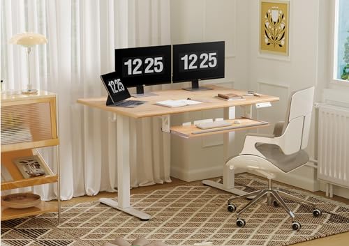 INNOVAR Bamboo Electric Standing Desk, 48×24 Inch Adjustable Desk with Keyboard Tray, Stand up Home Office Desk with Whole-Piece Board, White Frame/Bamboo Top