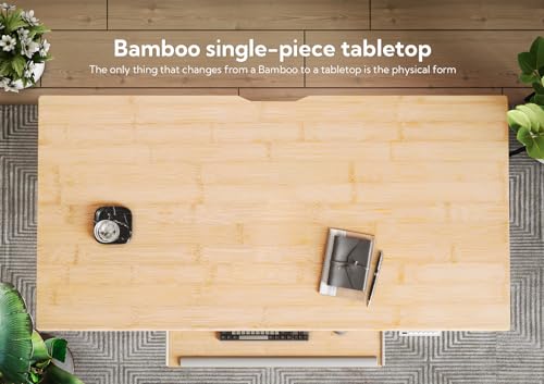 INNOVAR Bamboo Electric Standing Desk, 48×24 Inch Adjustable Desk with Keyboard Tray, Stand up Home Office Desk with Whole-Piece Board, White Frame/Bamboo Top