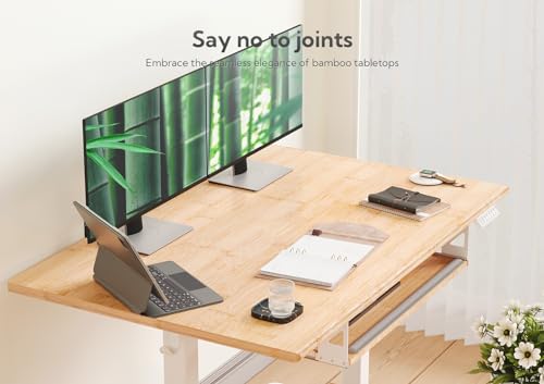 INNOVAR Bamboo Electric Standing Desk, 48×24 Inch Adjustable Desk with Keyboard Tray, Stand up Home Office Desk with Whole-Piece Board, White Frame/Bamboo Top