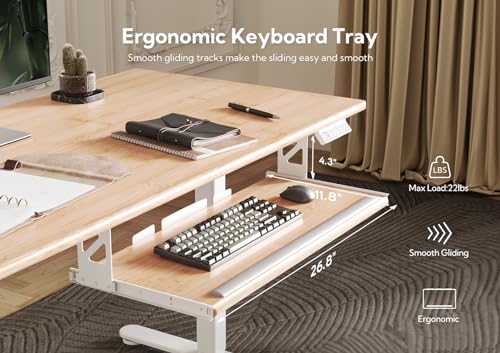 INNOVAR Bamboo Electric Standing Desk, 48×24 Inch Adjustable Desk with Keyboard Tray, Stand up Home Office Desk with Whole-Piece Board, White Frame/Bamboo Top
