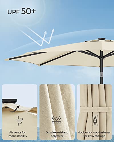 SONGMICS 9 ft Solar Patio Umbrella, 32 LED Lights, Lighted Table Outdoor Umbrella, UPF 50+, 30° Dual-Tilt System, for Garden Balcony Patio Backyard Market, Without Base, Beige UGPU11BE