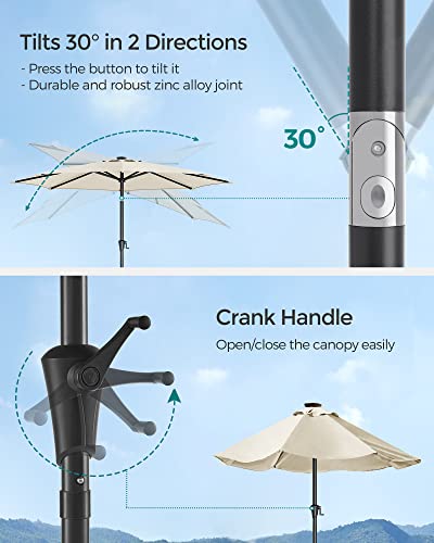 SONGMICS 9 ft Solar Patio Umbrella, 32 LED Lights, Lighted Table Outdoor Umbrella, UPF 50+, 30° Dual-Tilt System, for Garden Balcony Patio Backyard Market, Without Base, Beige UGPU11BE