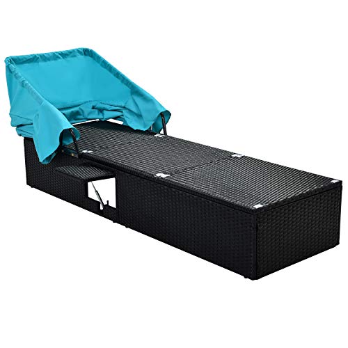 Merax Chaise Lounge Chair with Adjustable Canopy, Outdoor Reclining Chaise with Cushions & Flip-up Table, Patio PE Rattan Wicker Sun Lounger for Poolside (Blue Chaise x 2)