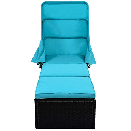 Merax Chaise Lounge Chair with Adjustable Canopy, Outdoor Reclining Chaise with Cushions & Flip-up Table, Patio PE Rattan Wicker Sun Lounger for Poolside (Blue Chaise x 2)