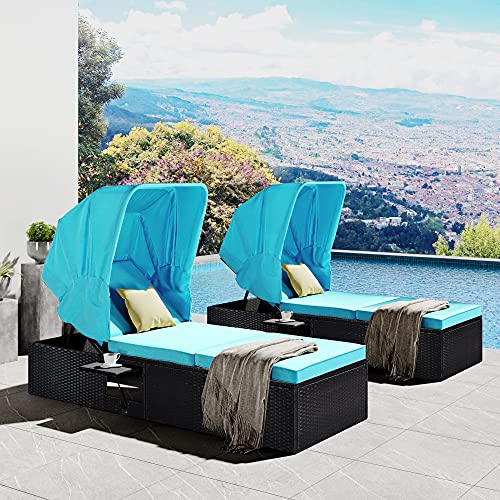 Merax Chaise Lounge Chair with Adjustable Canopy, Outdoor Reclining Chaise with Cushions & Flip-up Table, Patio PE Rattan Wicker Sun Lounger for Poolside (Blue Chaise x 2)