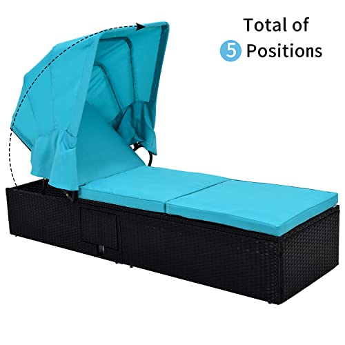 Merax Chaise Lounge Chair with Adjustable Canopy, Outdoor Reclining Chaise with Cushions & Flip-up Table, Patio PE Rattan Wicker Sun Lounger for Poolside (Blue Chaise x 2)