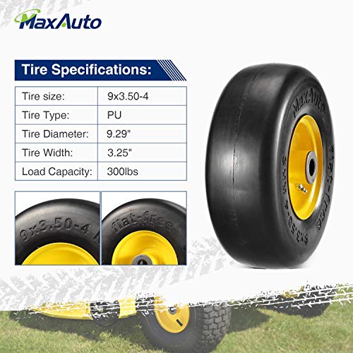 MaxAuto 2PCS 9x3.50-4" Flat Free Lawnmower Tire on Wheel, 3.5" Centered Hub, 3/4" Bushings(Universal Adapter Kit Include: 2pcs 5/8" Sintered Iron Bushings, 2pcs 1/4" Nylon Spacers, 4pcs Steel Washers)