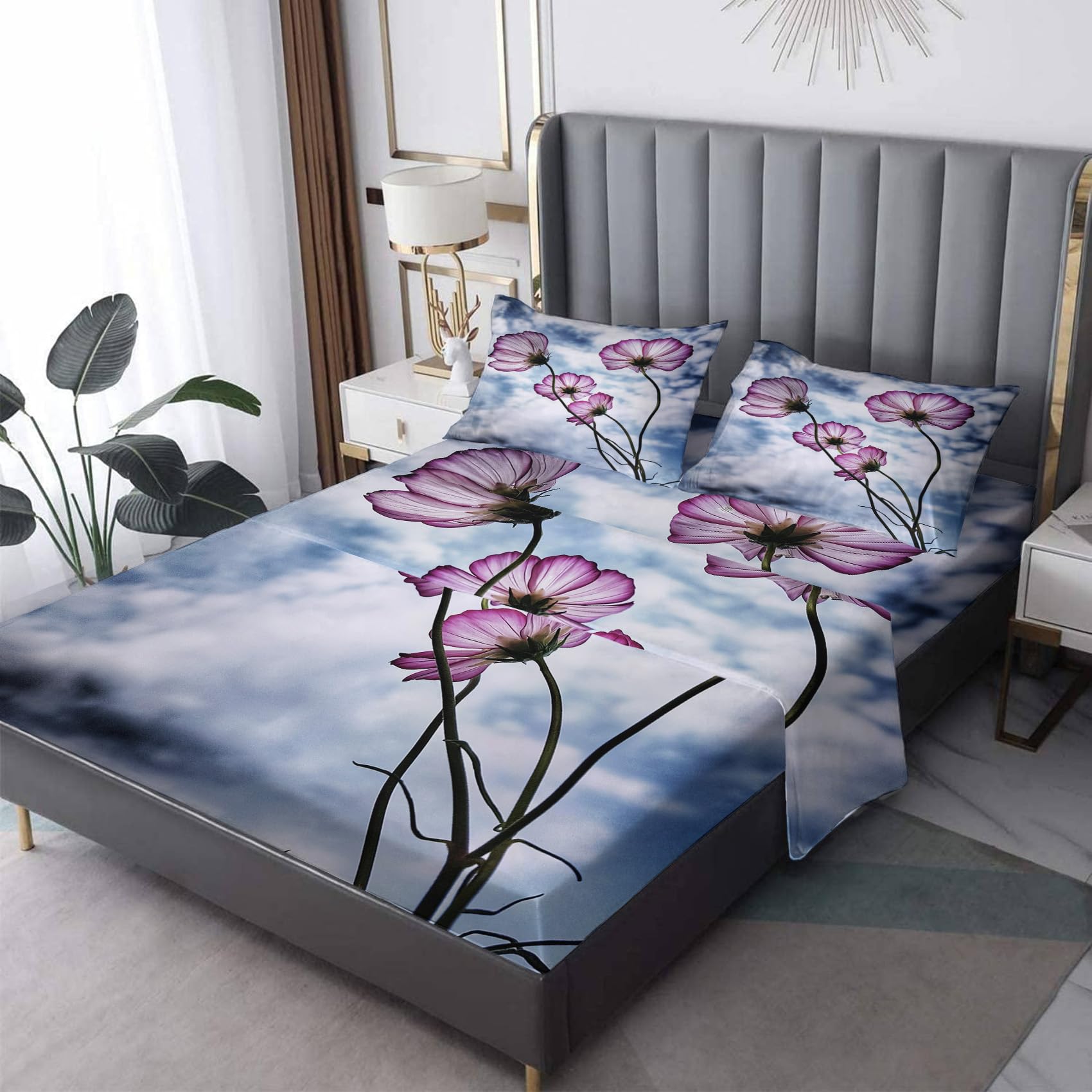 Poppy Sheets Full Size, Plant Sky Bed Sheets, Patterned Bedding Sheets & Pillowcases 4 Piece Set - Soft Microfiber Deep Pocket Fitted Sheet & Flat Sheet & 2 Pillow Cases L5-&-328