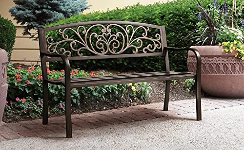 Patio Bench Park Bench, 50" Antique Powder Coated Iron Outdoor Metal Bench w/Floral Ivy Design Backrest, 400lbs Cast Iron Anti-Rust Sturdy Steel Frame Furniture for Porch Entryway Lawn Decor Deck