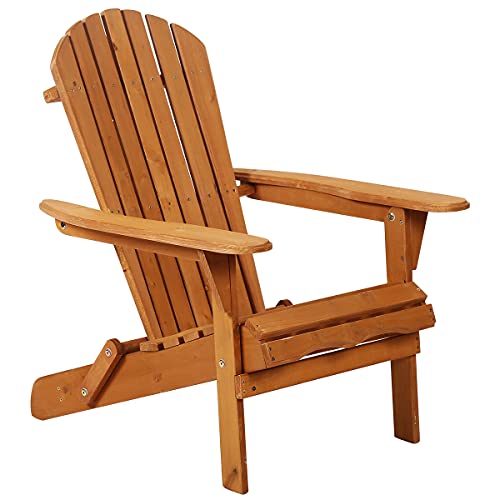 Adirondack Chair Weather Resistant Patio Chairs Folding Outdoor Chair w/Long Arms Solid Wooden Heavy Duty Reclining Seating Fire Pit Chair for Deck, Lawn, Backyard, Garden, Bench - Natural