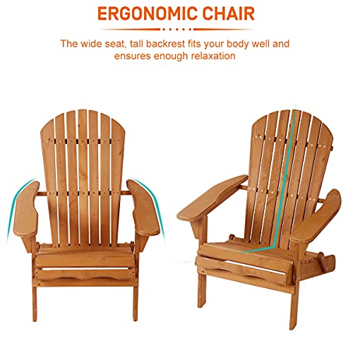 Adirondack Chair Weather Resistant Patio Chairs Folding Outdoor Chair w/Long Arms Solid Wooden Heavy Duty Reclining Seating Fire Pit Chair for Deck, Lawn, Backyard, Garden, Bench - Natural