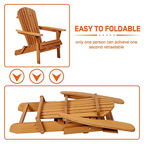 Adirondack Chair Weather Resistant Patio Chairs Folding Outdoor Chair w/Long Arms Solid Wooden Heavy Duty Reclining Seating Fire Pit Chair for Deck, Lawn, Backyard, Garden, Bench - Natural