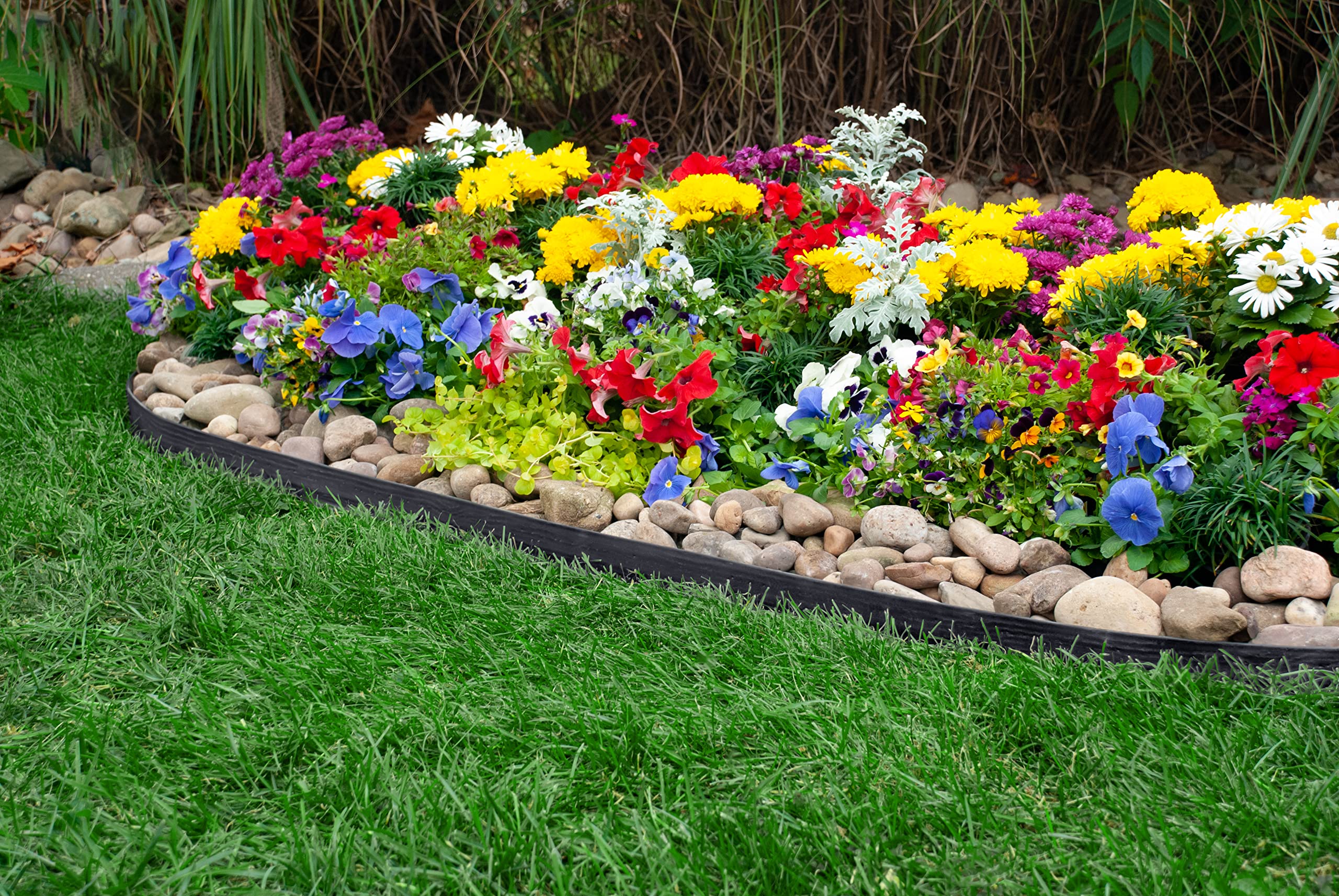EasyFlex No-Dig Landscape Edging with Anchoring Spikes, 2.7 in Tall Decorative Stone-Look Garden Border, 15 Foot Kit, Slate Gray & Tall Wall No-Dig Landscape Edging, 90' kit