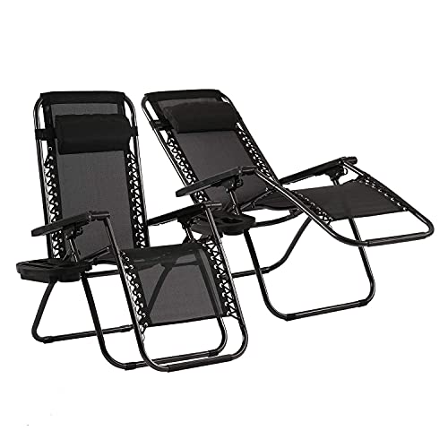 Outdoor Zero Gravity Chair 2 Pack, Folding Lounge Chair Recliners Indoor Outdoor Furniture Adjustable Camping Chair Backyard Chair Deluxe Loveseats w/Pillow and Cup Holder Tray, Black