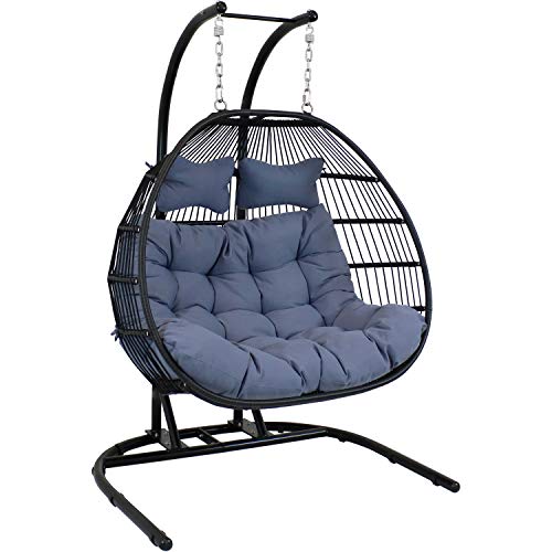 Sunnydaze Liza Loveseat Egg Chair with Gray Polyester Cushions and Stand - Comfy Outdoor Collapsible Hanging Chair with Stand - Black Polyethylene Wicker Rattan Frame with Steel Stand - 76" Tall
