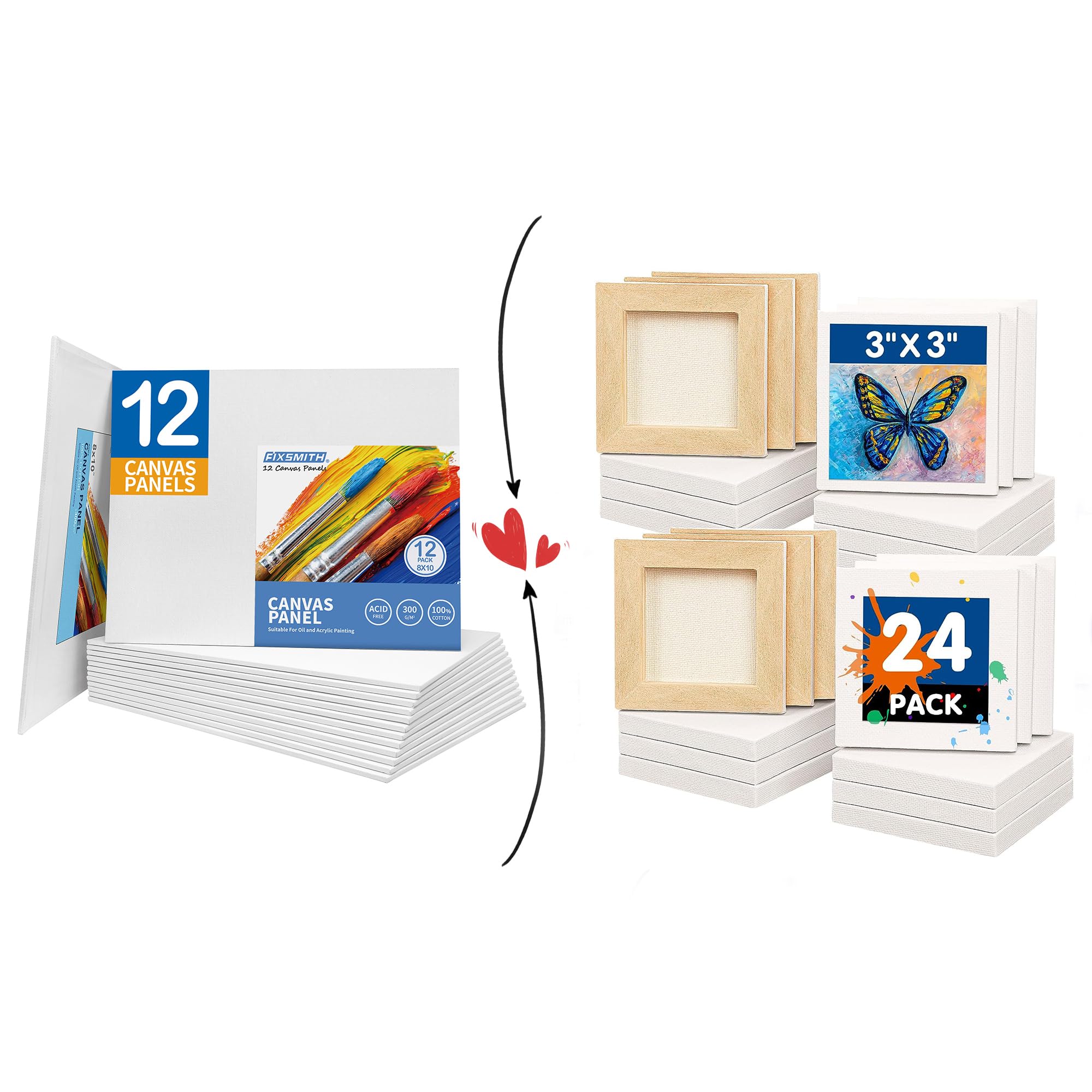 FIXSMITH 8x10 Inch Painting Canvas Panels, Super Value 12 Pack Canvases & Mini Stretched Canvas 3 x 3 Inch 24 Pack, 100% Cotton Art Primed Blank Canvas for Kids, Home Decor Project