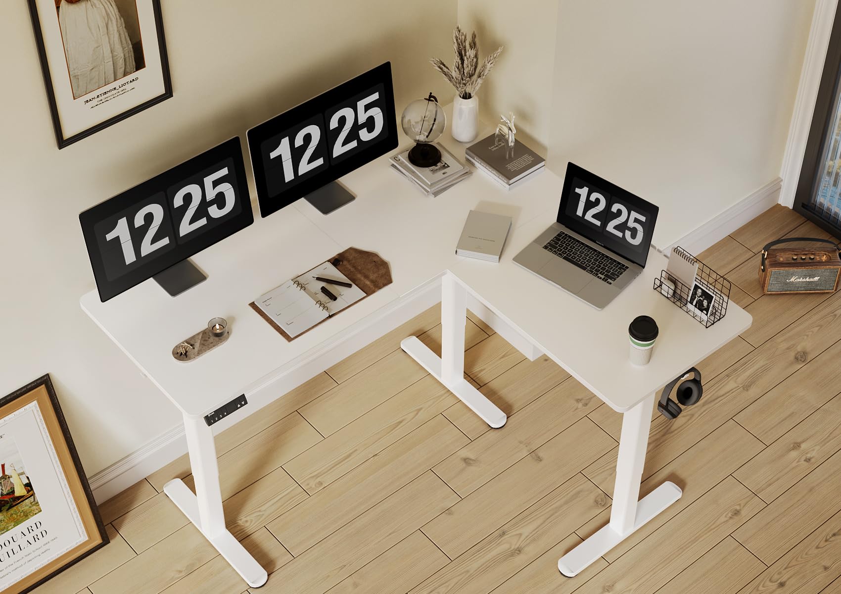 Claiks L Shaped Standing Desk Adjustable Height, Dual Motor Electric Corner Standing Desk, 63x55 inch Sit Stand up Desk with Splice Board, White