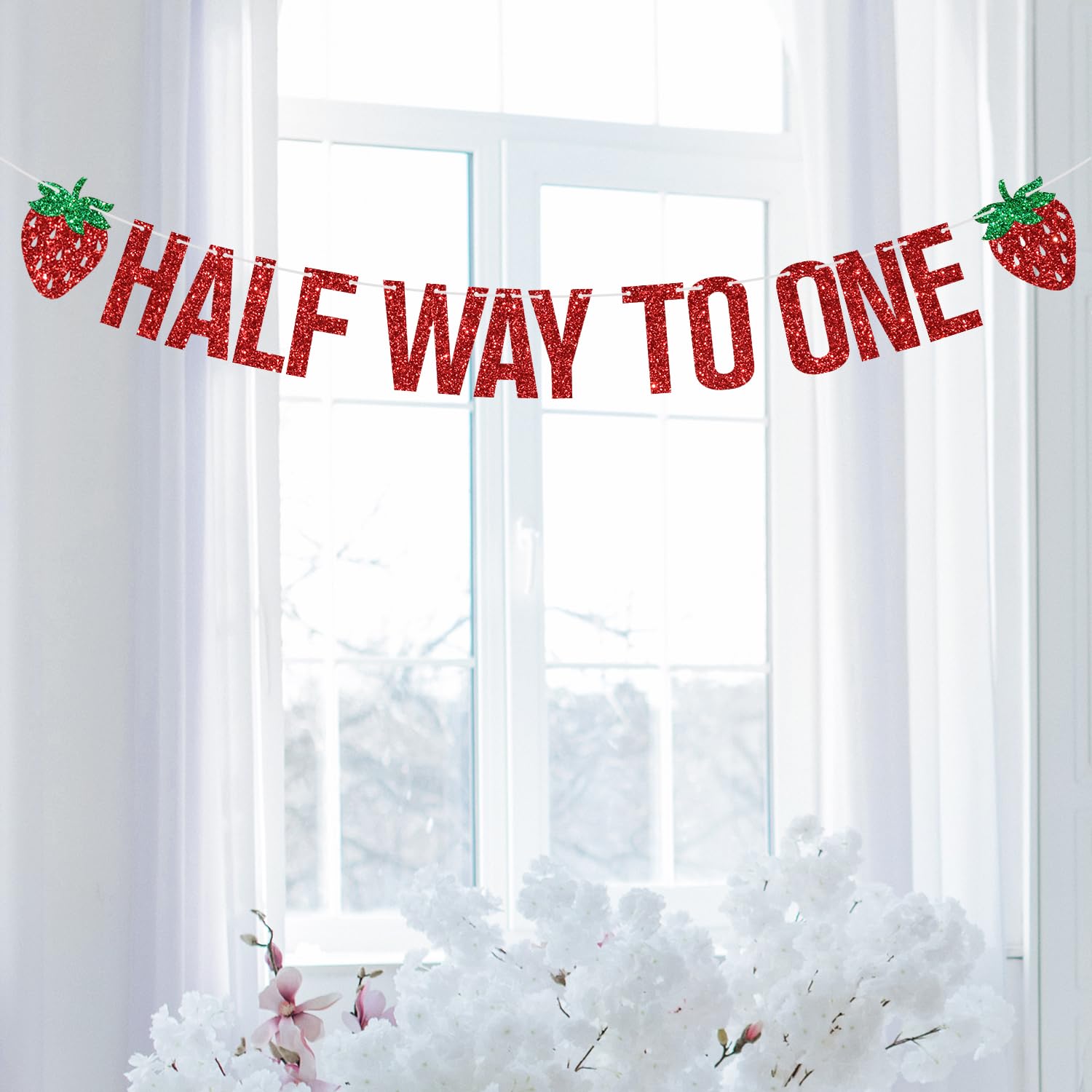Strawberry Half Way to One Banner, 6 Months Birthday Decorations, Berry Sweet Half Birthday, Strawberry Themed Baby Shower Party Decorations, Red Glitter