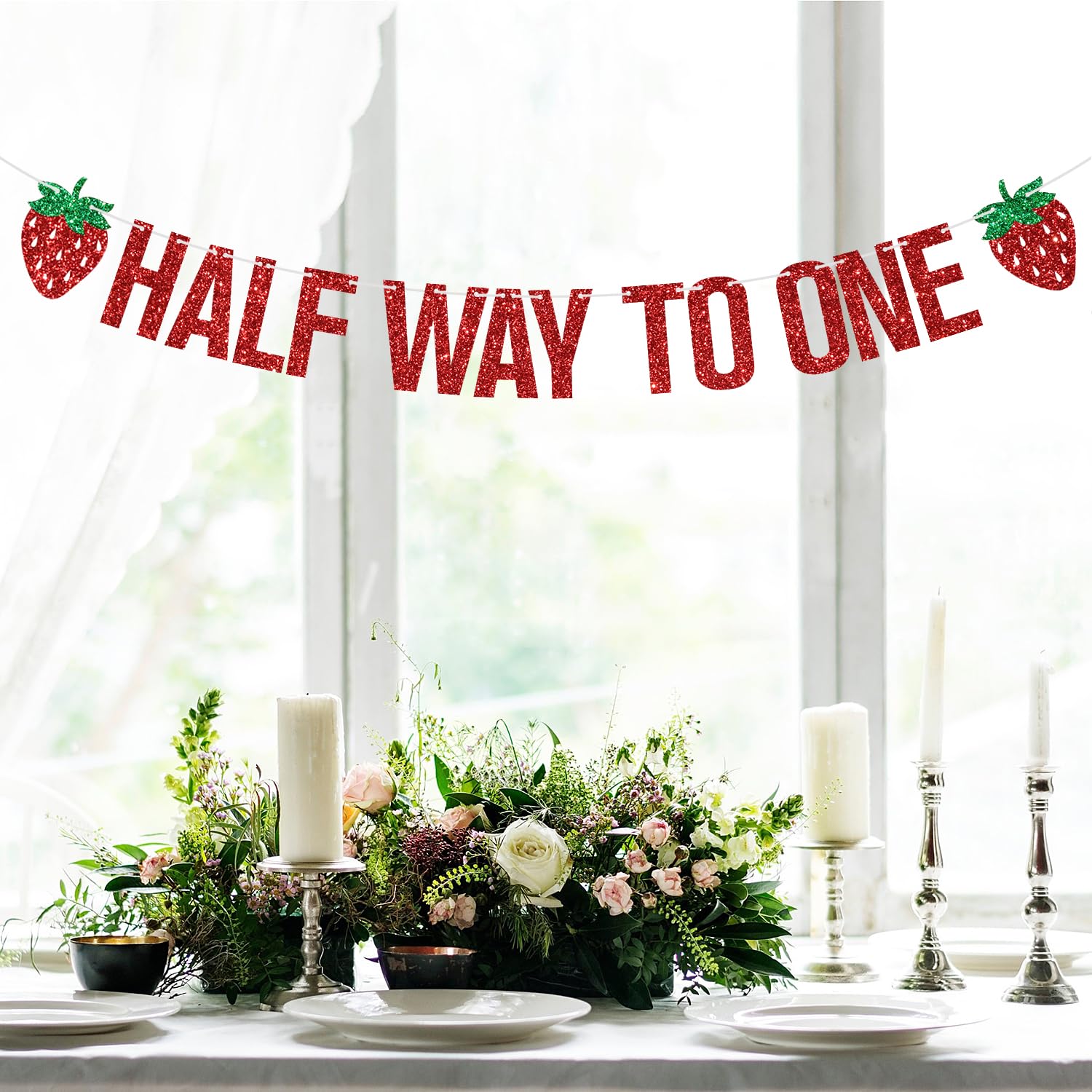 Strawberry Half Way to One Banner, 6 Months Birthday Decorations, Berry Sweet Half Birthday, Strawberry Themed Baby Shower Party Decorations, Red Glitter