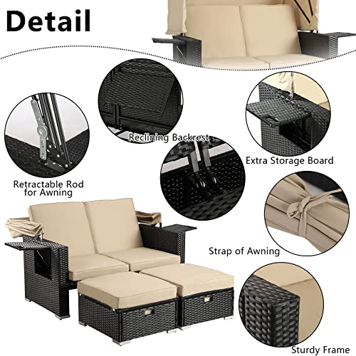 MAGIC UNION Outdoor Furniture Wicker Loveseat Sofa Set with Retractable Canopy, Rattan Patio Seating Chairs Poolside Sunbed with Ottomans, Khaki Cushions for Backyard