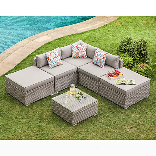 COSIEST 6-Piece Outdoor Furniture Set Warm Gray Wicker Sectional Sofa w Thick Cushions, Glass Coffee Table, 2 Ottomans, 3 Floral Fantasy Pillows for Garden, Pool, Backyard