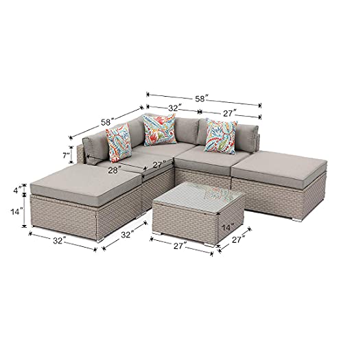 COSIEST 6-Piece Outdoor Furniture Set Warm Gray Wicker Sectional Sofa w Thick Cushions, Glass Coffee Table, 2 Ottomans, 3 Floral Fantasy Pillows for Garden, Pool, Backyard