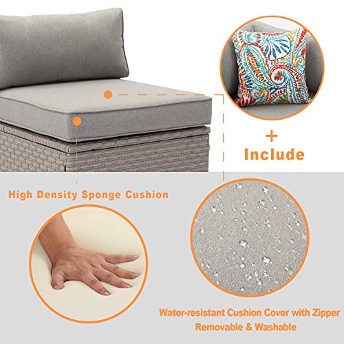 COSIEST 6-Piece Outdoor Furniture Set Warm Gray Wicker Sectional Sofa w Thick Cushions, Glass Coffee Table, 2 Ottomans, 3 Floral Fantasy Pillows for Garden, Pool, Backyard