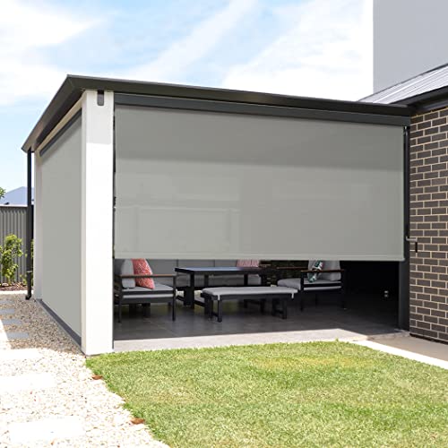 VICLLAX Premium Outdoor Roller Shade PVC Fabric Exterior Roller Shade Crank Operated with Aluminum Protective Valance for Porch Patio Pergola, 8 feet x 8 feet, Light Grey