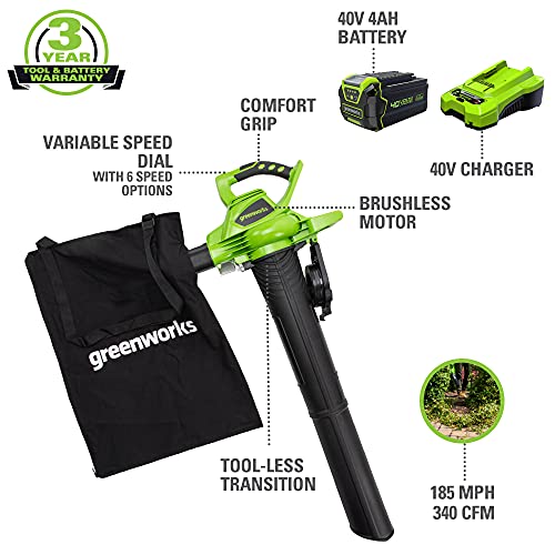 Greenworks 40V (185 MPH) Brushless Cordless Blower/Vacuum with GK0A00 Universal Gutter Kit