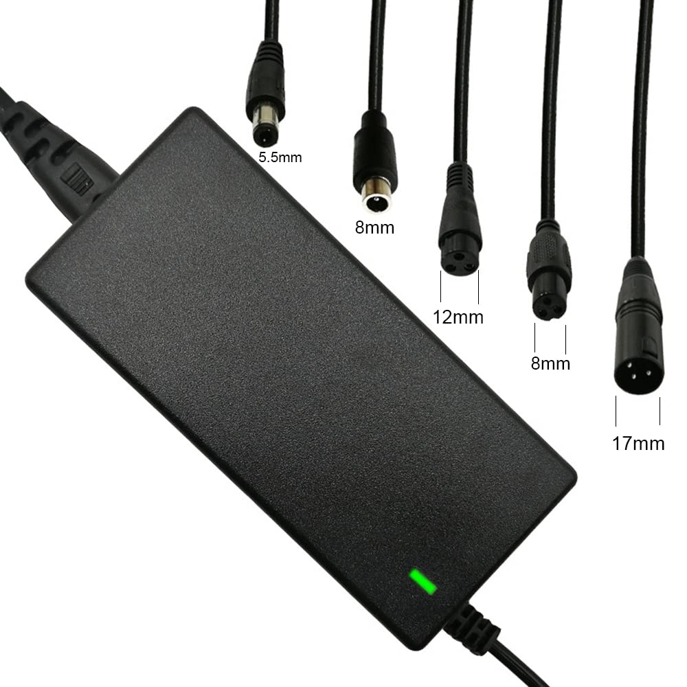 42V 2A Charger 5 Plugs for Scooter 36V Lithium Battery, Pack DC 5.5 * 2.1 with 8mm 3 Prong Connector /12mm 3 Prong Connector /8mm RCA Connector/ 3-Pin Male XLR Connector