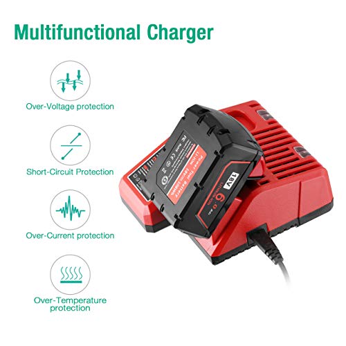 FirstPower 6.0Ah 18V M-18 Battery & Charger - Compatible with Milwaukee M-18 48-11-1852 18V Lithium XC Cordless Power Tools & Charger for M12 M14 M-18 Li-ion Battery