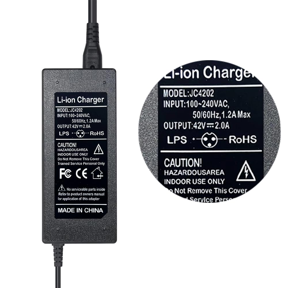 42V 2A Charger 5 Plugs for Scooter 36V Lithium Battery, Pack DC 5.5 * 2.1 with 8mm 3 Prong Connector /12mm 3 Prong Connector /8mm RCA Connector/ 3-Pin Male XLR Connector