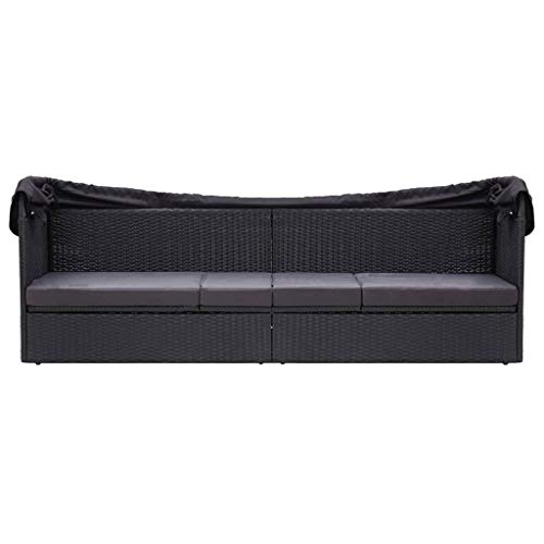 vidaXL Patio Sofa with Canopy and Cushion Garden Sunlounger Seating Sun Lounge Bed Daybed Yard Balcony Outside Poly Rattan Brown Poolside Yard Home
