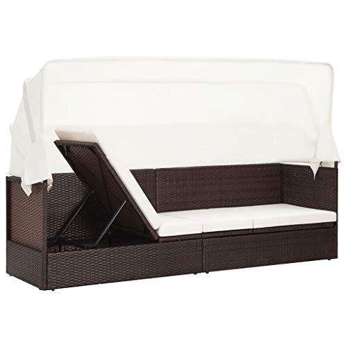 vidaXL Patio Sofa with Canopy and Cushion Garden Sunlounger Seating Sun Lounge Bed Daybed Yard Balcony Outside Poly Rattan Brown Poolside Yard Home
