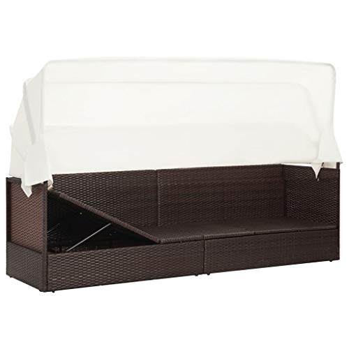 vidaXL Patio Sofa with Canopy and Cushion Garden Sunlounger Seating Sun Lounge Bed Daybed Yard Balcony Outside Poly Rattan Brown Poolside Yard Home
