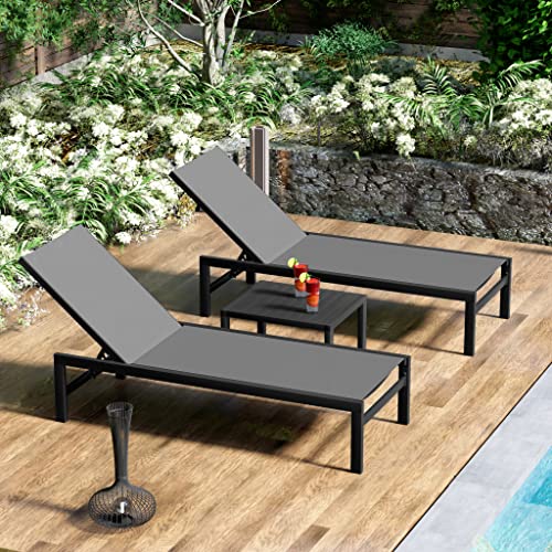 Kozyard Modern Full Flat Alumium Patio Reclinging Adustable Chaise Lounge with Sunbathing Textilence for All Weather, 5 Adjustable Position, Very Light, Anti-Rusty (2 Pack Gray w/Table)