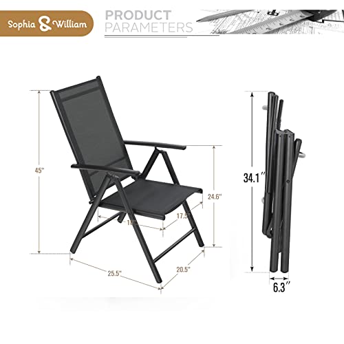 Sophia & William Patio Sling Dining Chairs Set of 2 Foldable and Portable, Outdoor High Back Folding Textilinene Chairs 7 Levels Adjustable for Porch Poolside Balcony Backyard, Black
