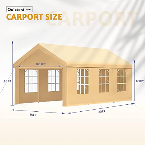 Quictent 10'x20' Heavy Duty Carport Gazebo Canopy Garage Outdoor Car Shelter Beige (with Windows)