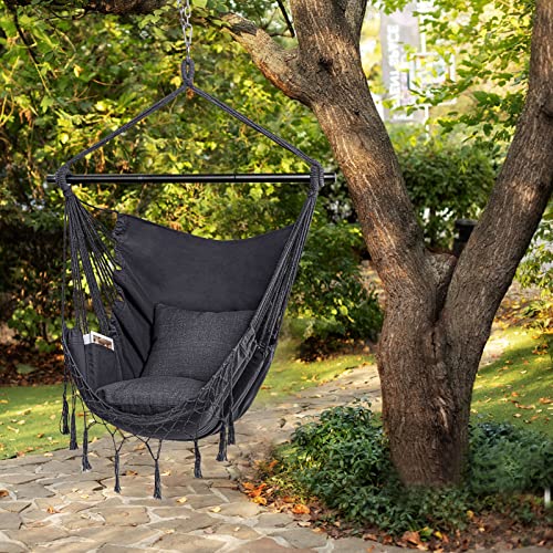 HBlife Hammock Chair, Max 330 Lbs, 2 Pillows Included, Dark Gray Hanging Chair with Pocket and Macrame, Swing Rope Chair for Bedroom, Backyard and Deck