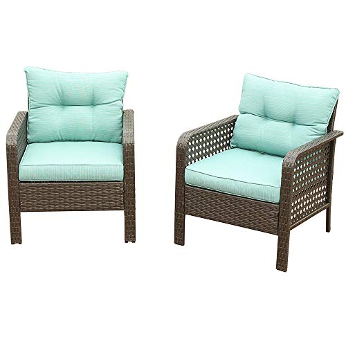 U-Eway Outdoor Rattan Single Chair 2pcs,Patio PE Wicker Furniture Cushion Seat,2Pcs Armchairs PE Rattan Sofa Backyard Yard,Premium Spun Ploy Fabric,Removable Cushion Cover Zipper, Washable (Green)