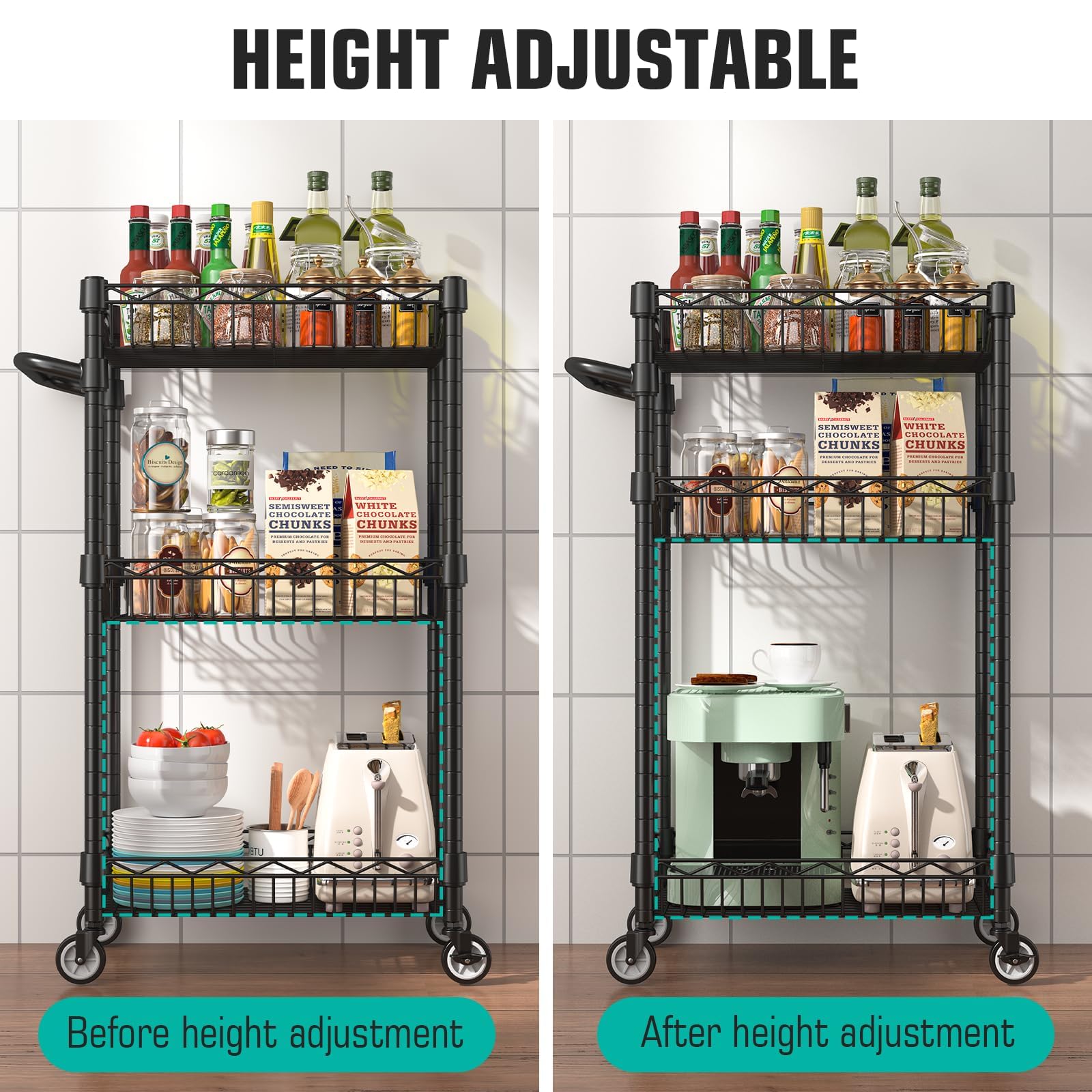 YASONIC 3 Tier Metal Rolling Cart, Kitchen Cart with Adjustable Shelves, Heavy Duty Utility Cart with Lockable Wheels, Multifunctional Rustproof Storage Cart, Bathroom Organizer Cart, Black
