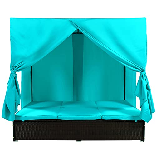 Ufurpie Outdoor daybed with Canopy,Sunlounger with Curtains,Poly Rattan Outdoor Lounge Sunbed for Backyard Multi Colors (Blue)