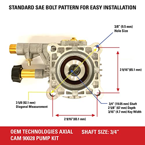 OEM Technologies 90028 Horizontal Axial Cam Replacement Pressure Washer Pump Kit, 3300 PSI, 2.4 GPM, 3/4" Shaft, Includes Hardware and Siphon Tube, for Residential and Industrial Gas Powered Machines, Silver