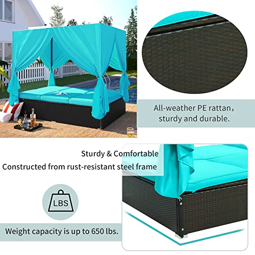 Ufurpie Outdoor daybed with Canopy,Sunlounger with Curtains,Poly Rattan Outdoor Lounge Sunbed for Backyard Multi Colors (Blue)