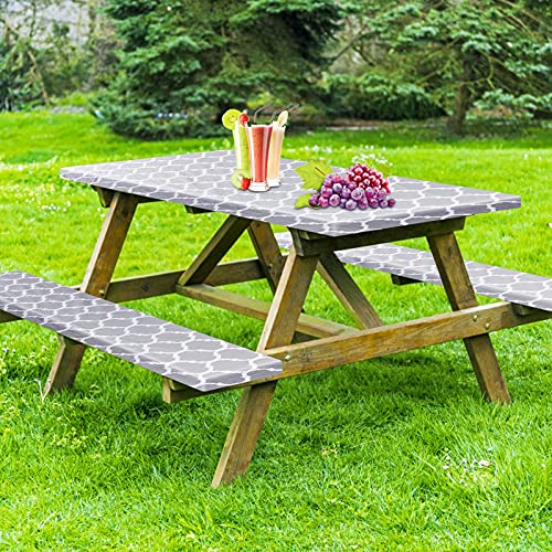 Vinyl Picnic Table Cover and Bench Covers Fitted Tablecloth,4lbĀ Double Flannel Backing Elastic Edge Waterproof Wipeable Plastic Tabel Cover Vinyl Tablecloth for Indoor Outdoor Parties 3pcs - 72*30 in