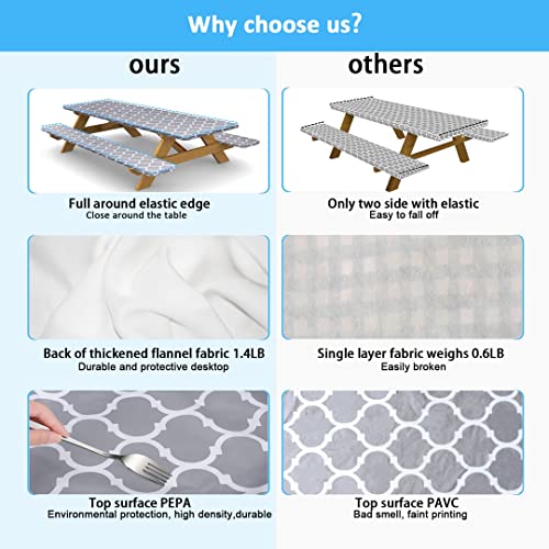 Vinyl Picnic Table Cover and Bench Covers Fitted Tablecloth,4lbĀ Double Flannel Backing Elastic Edge Waterproof Wipeable Plastic Tabel Cover Vinyl Tablecloth for Indoor Outdoor Parties 3pcs - 72*30 in