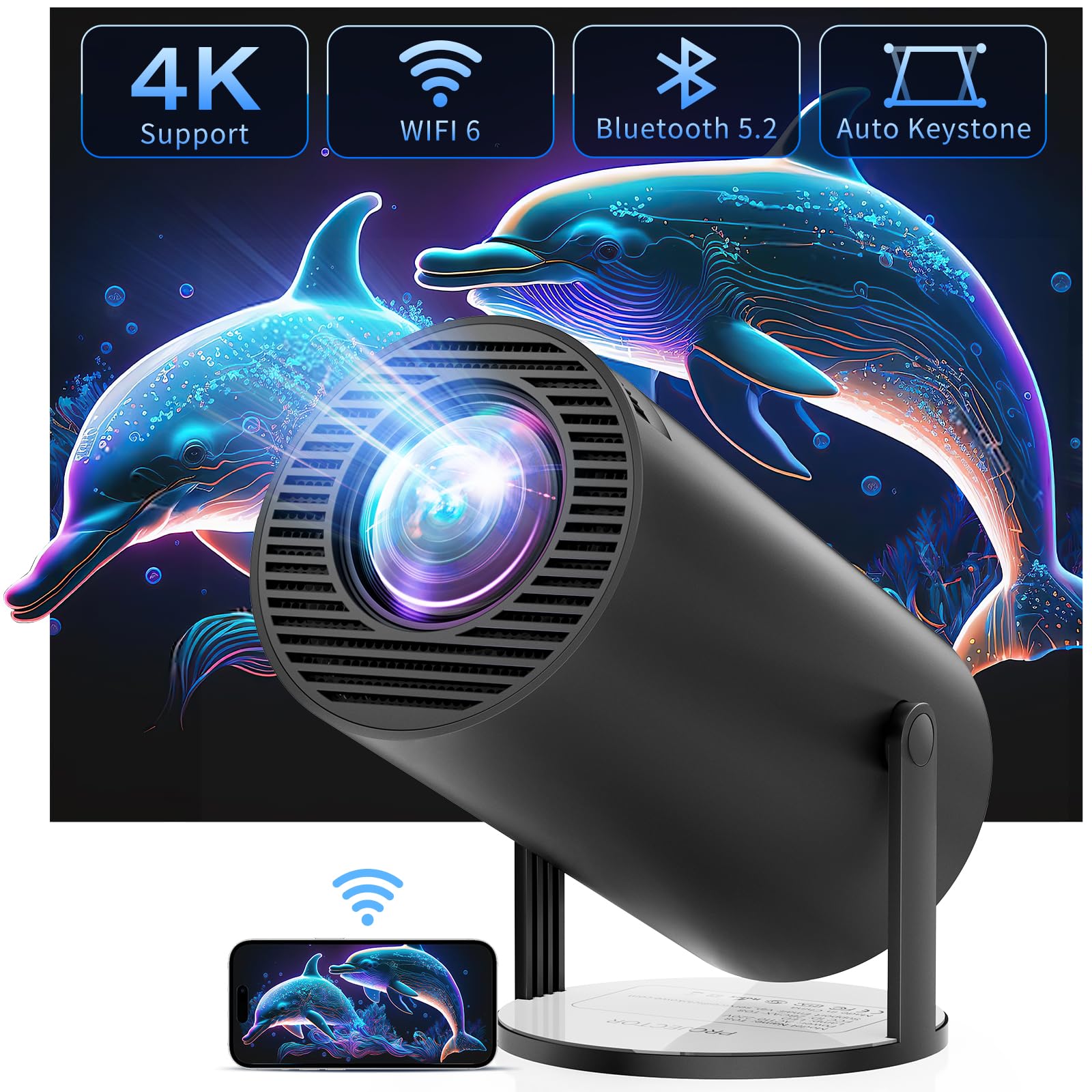 CLOKOWE 4K Projector with Wifi6 and Bluetooth5.2, 180° Rotation & Auto Keystone, Portable Outdoor Movie Mini Projector, Compatible w/ iOS/Android/HDMI/USB/TV Stick/Laptop