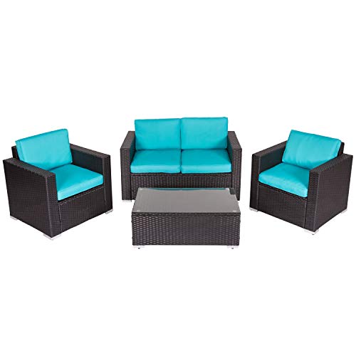 Kinsunny 4 Piece Outdoor Conversation Set Patio Sectional Sofa PE Wicker Furniture Sets with Glass Coffee Table and Cushions for Porch Lawn